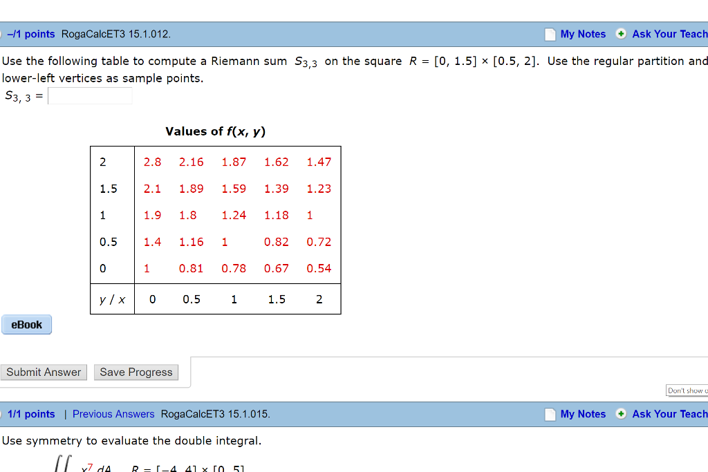 Solved Use the following table to compute a Riemann sum S3,3 | Chegg.com
