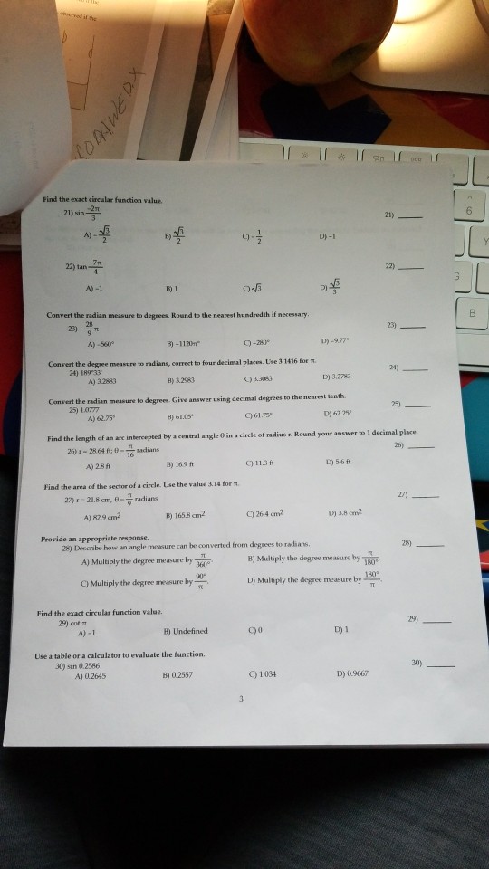 Solved 0) cot (-135) A)-1 B) 1 6 11) sin (-200) B)-1 C) D)흘 | Chegg.com