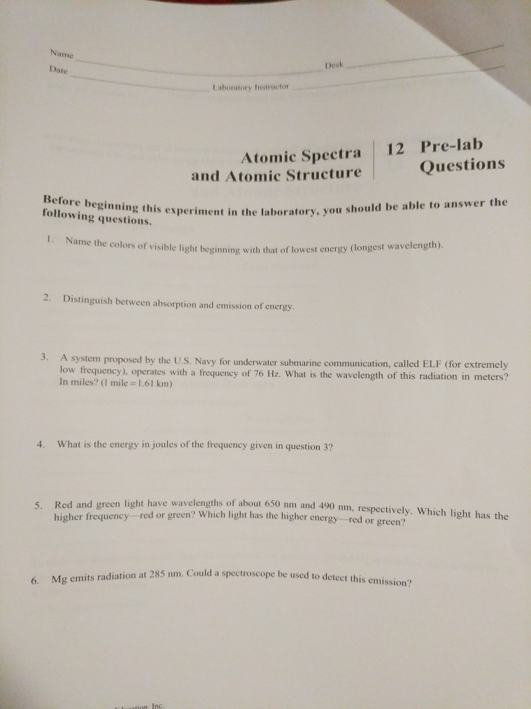 Solved Name Date Desk Laboratory Instructor Atomic Spectra | Chegg.com