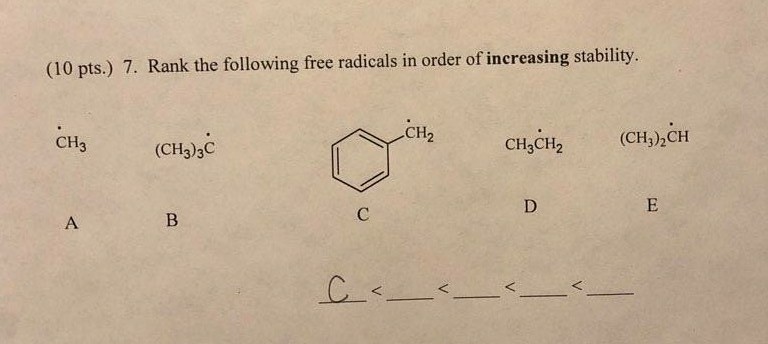 Solved (10 pts.) 7. Rank the following free radicals in | Chegg.com
