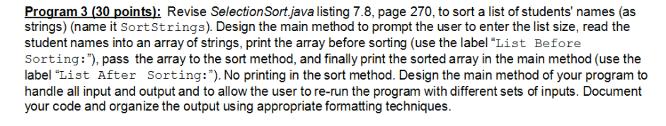 Solved Program 3 (30 points) Revise SelectionSort,java | Chegg.com