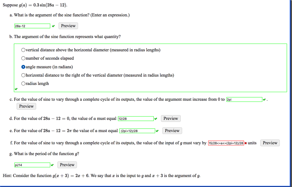 Solved Suppose g(a) = 0.3 sin(28a - 12). a. What is the | Chegg.com