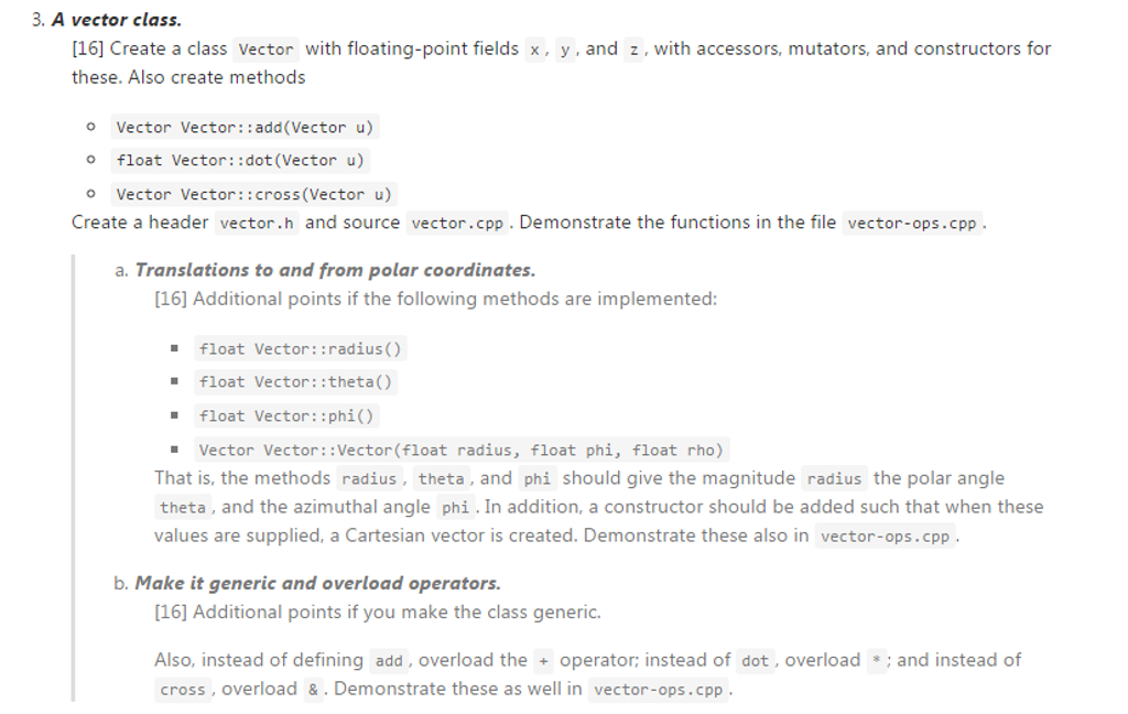 Solved Create a class Vector with floating-point fields x, | Chegg.com