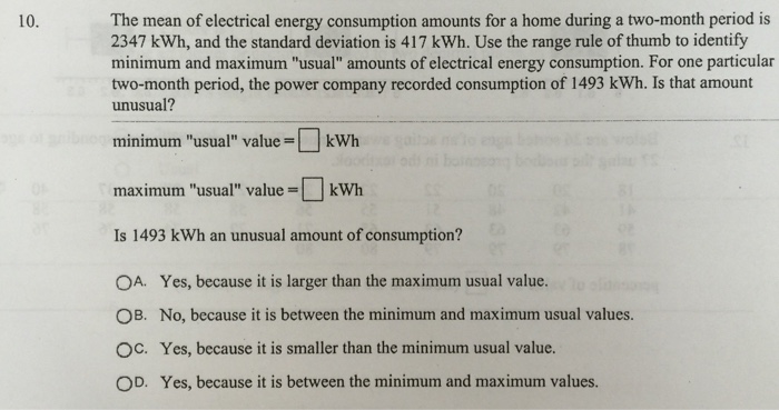 Solved The mean of electrical energy consumption amounts for | Chegg.com