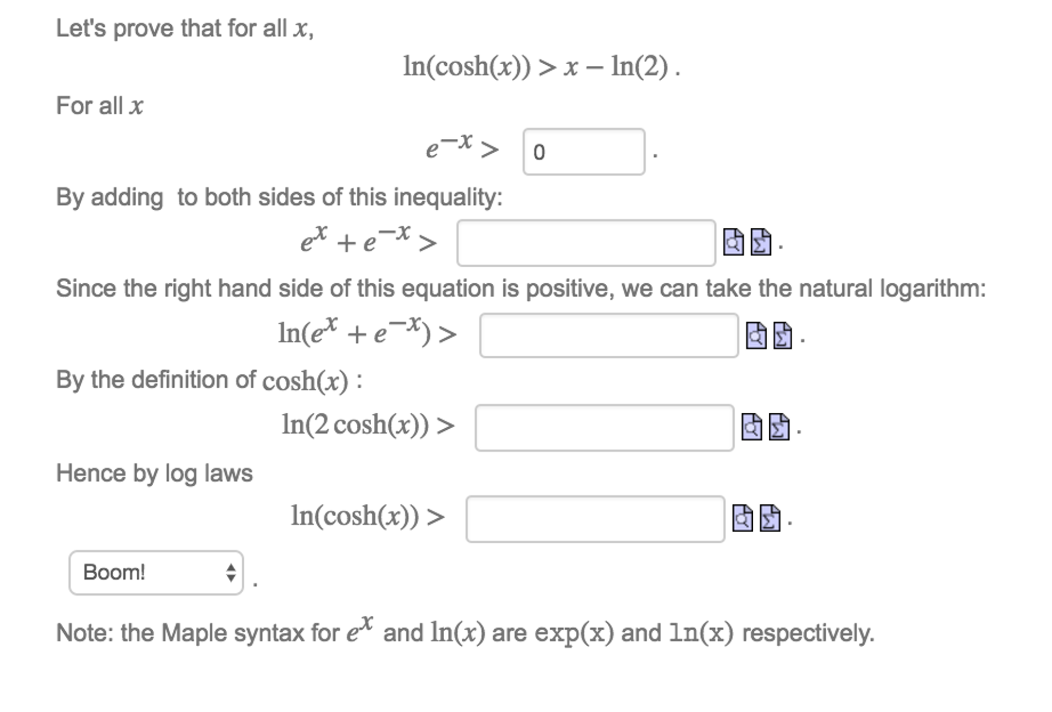Solved Let's prove that for all x, In(cosh(x)) > x - In(2). | Chegg.com