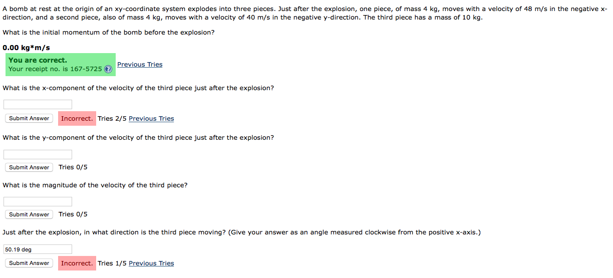 Solved A bomb at rest at the origin of an xy-coordinate | Chegg.com
