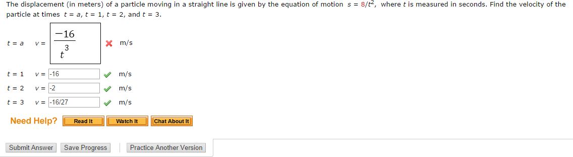 Solved The displacement (in meters) of a particle moving | Chegg.com