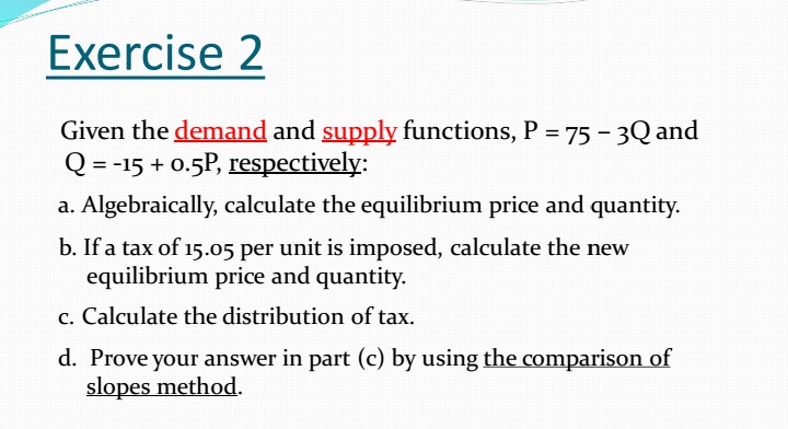 Solved Exercise 2 Given the demand and supply functions, P | Chegg.com