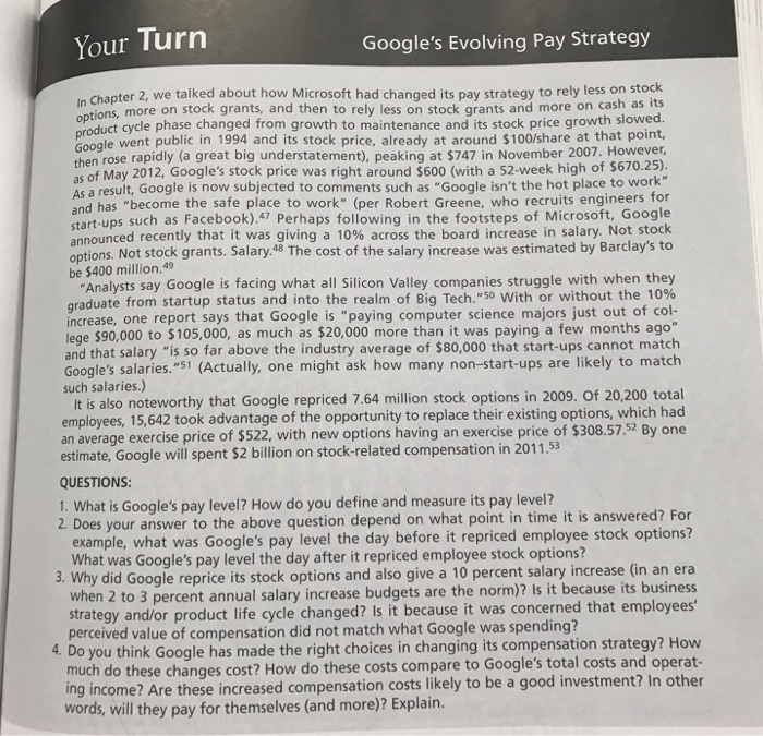 Your Turn Google's Evolving Pay Strategy n Chapter 2, | Chegg.com