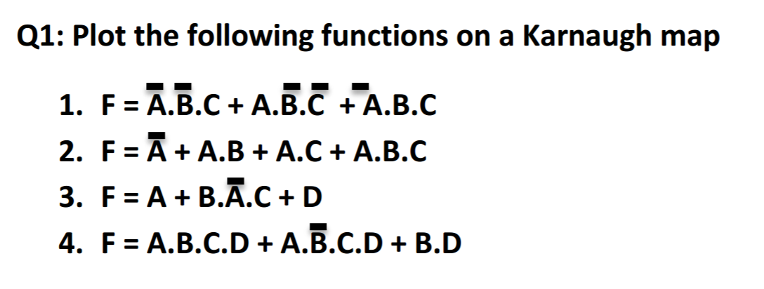 Solved Plot the following functions on a Karnaugh map F = A. | Chegg.com