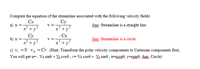 Solved Compute the equation of the streamline associated | Chegg.com