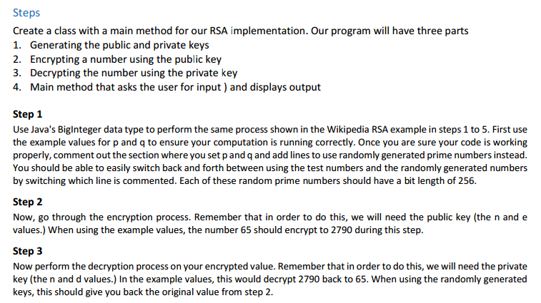 Steps Create a class with a main method for our RSA | Chegg.com