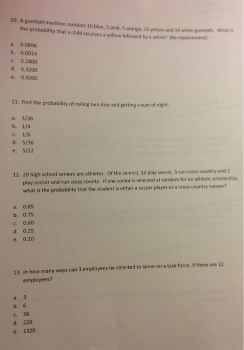Solved A gumball machine contains 10 blue, 5 pink, 5 orange, | Chegg.com