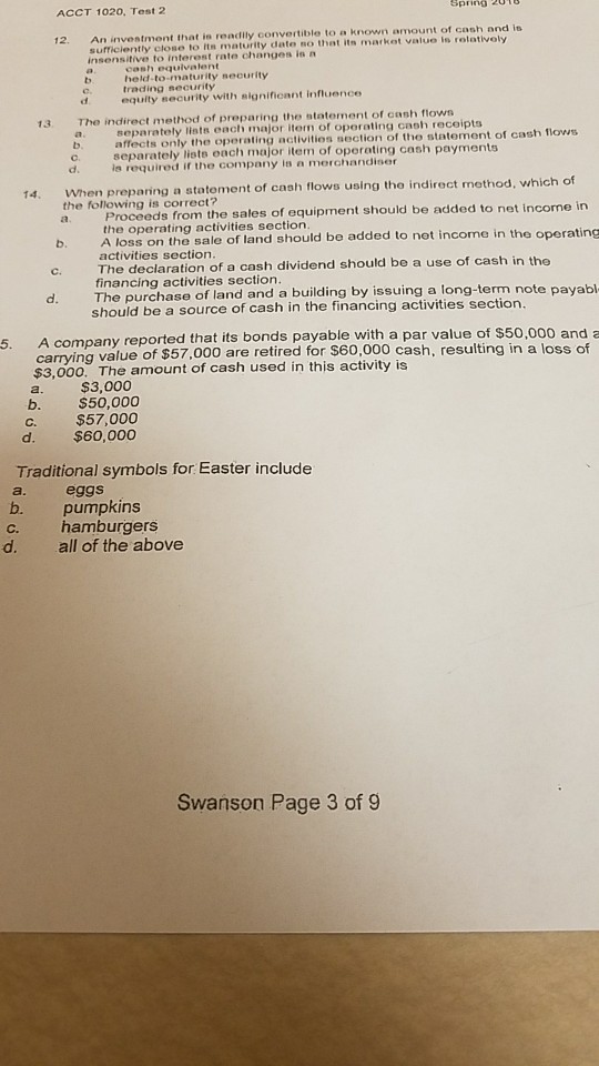 Solved ACCT 1020, Test 2 Spring 2016 12. An investment that | Chegg.com