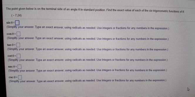 Solved The point given below is on the terminal side of an | Chegg.com