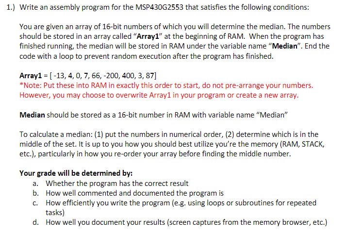 Solved 1.) Write an assembly program for the MSP430G2553 | Chegg.com