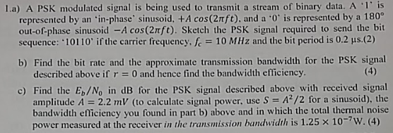 Solved A PSK modulated signal is being used to transmit a | Chegg.com