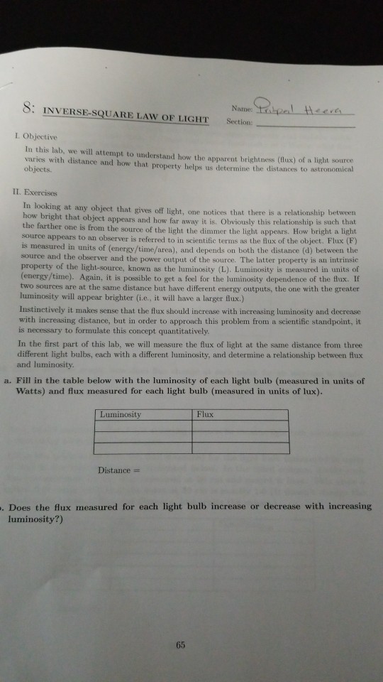 Name INVERSE-SQUARE LAW OF LIGHT Section I. Objective | Chegg.com