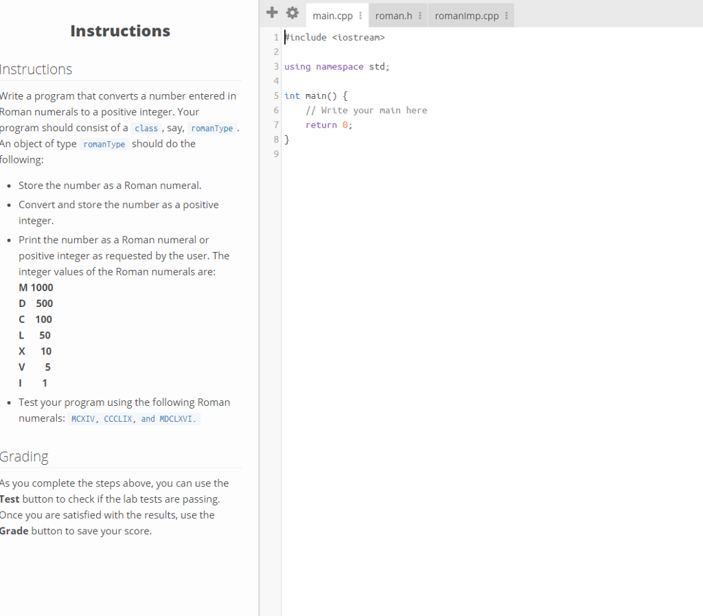 Solved Instructions + 0 main.cpp roman.h i romanlmp.cpp i 1 | Chegg.com