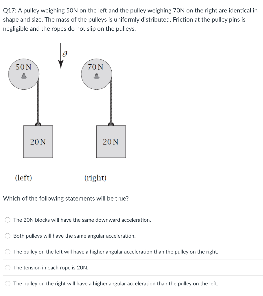 Solved Q17: A pulley weighing 50N on the left and the pulley | Chegg.com