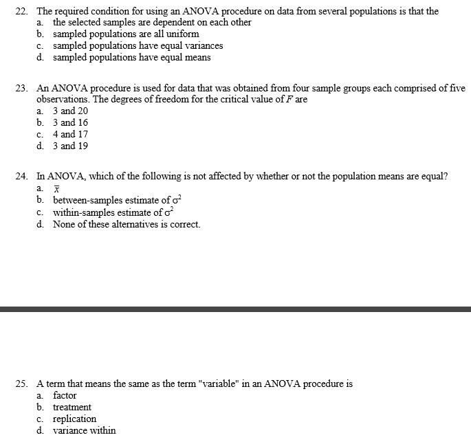 Solved The required condition for using an ANOVA procedure | Chegg.com