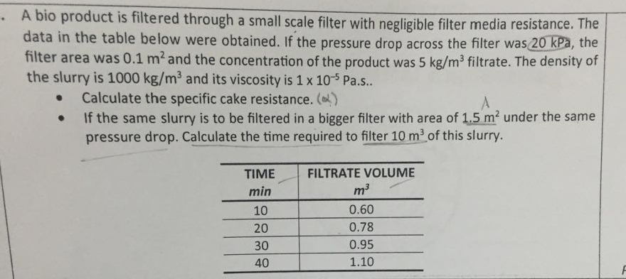 Solved A bio product is filtered through a small scale | Chegg.com