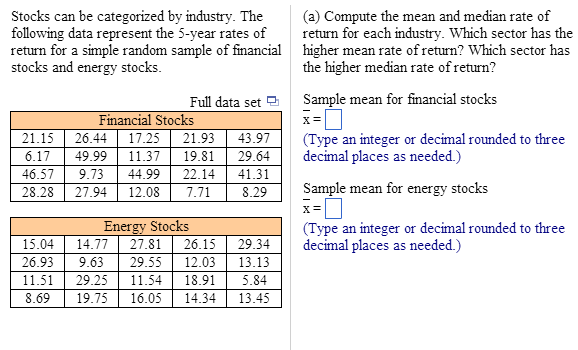Solved Stocks can be categorized by industry. The following | Chegg.com