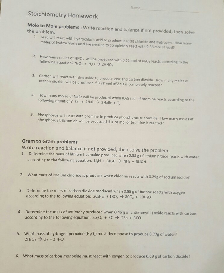 Solved Name Stoichiometry Homework Mole to Mole problems : | Chegg.com