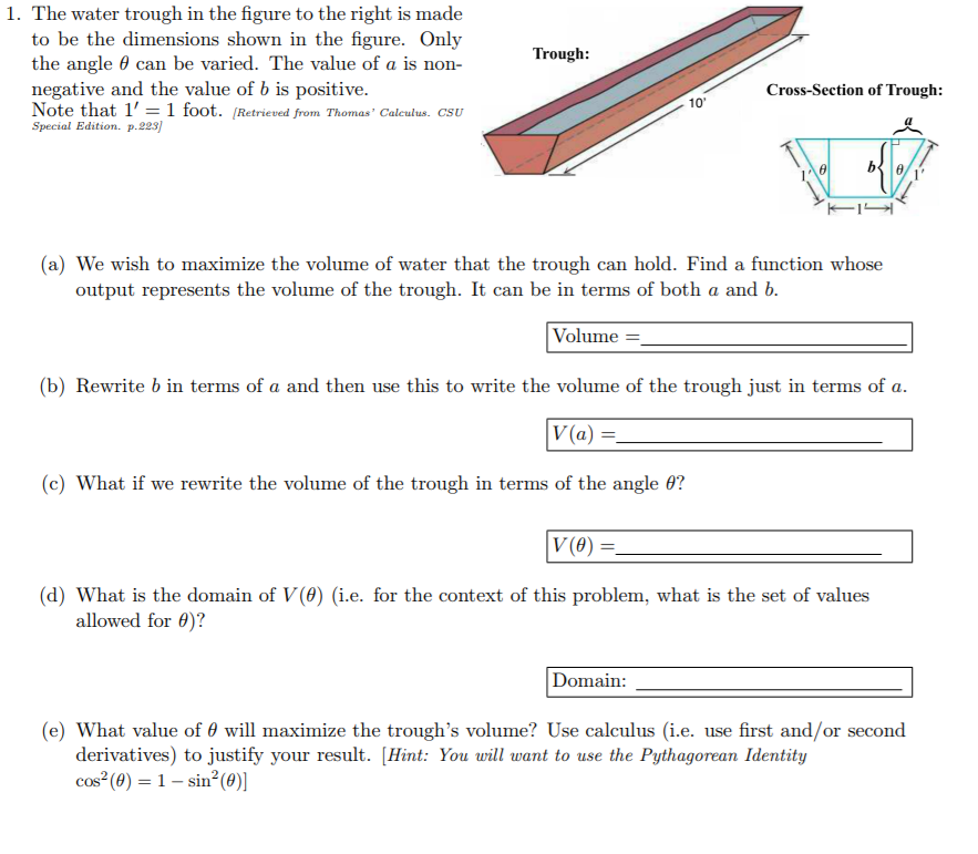 Solved 1. The water trough in the figure to the right is | Chegg.com