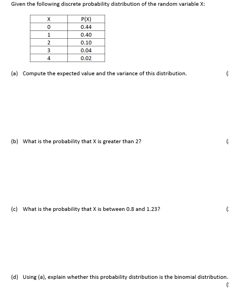 Solved Given the following discrete probability distribution | Chegg.com