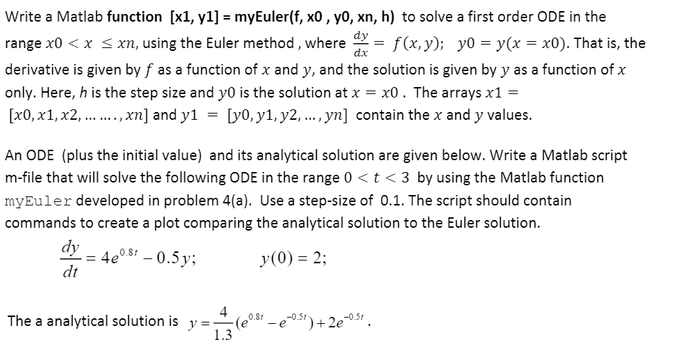 Write a Matlab function [x1, yll myEuler(f, x0, y0, | Chegg.com