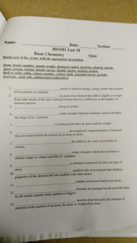 Solved Name: Date: BIO101 Unit 10 Section: Basic Chemistry | Chegg.com