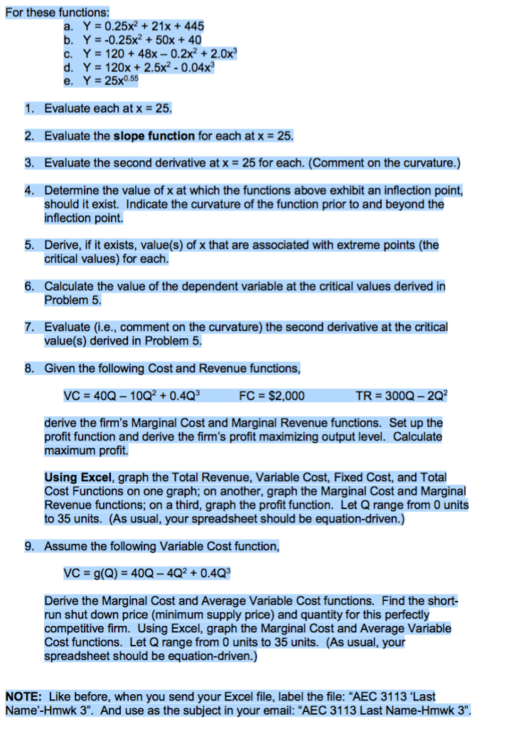 Solved For these functions: a. Y = 0.25x' + 21x + 445 b. Y | Chegg.com