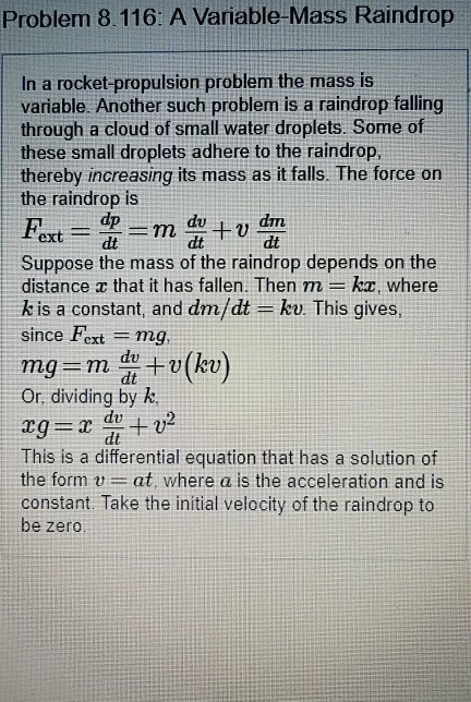 Solved Problem 8.116: A Variable-Mass Raindrop In a | Chegg.com