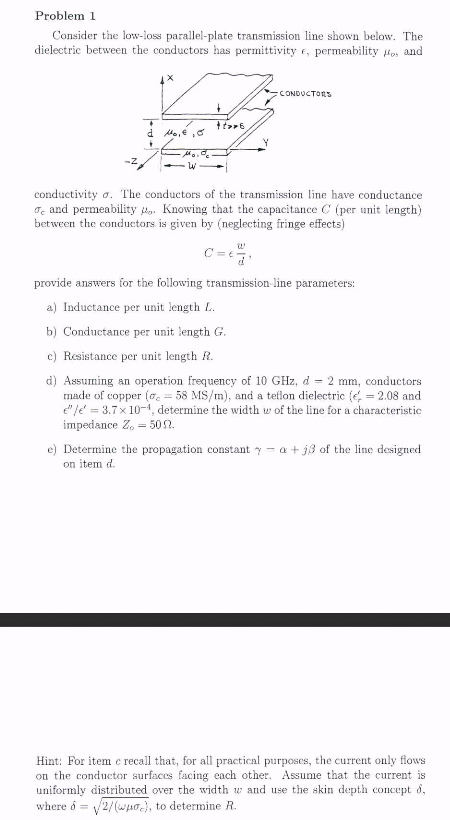 Solved Problem 1 Consider the low-loss parallel-plate | Chegg.com