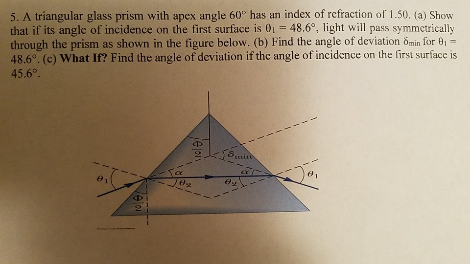 Solved 5. A triangular glass prism with apex angle 60° has | Chegg.com