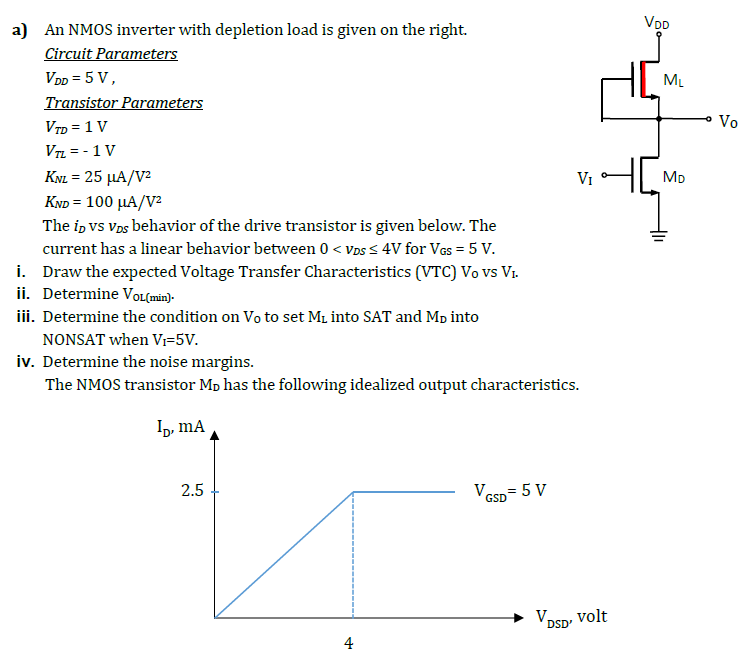 Solved VDD a) An NMOS inverter with depletion load is given | Chegg.com