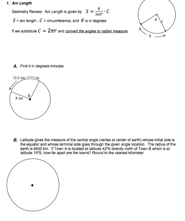 Solved 1. Arc Length Geometry Review: Arc Length is given by | Chegg.com