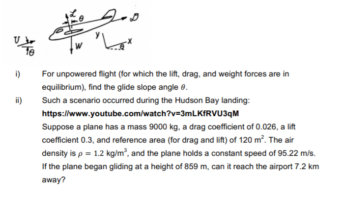 Solved Di For unpowered flight (for which the lift, drag, | Chegg.com