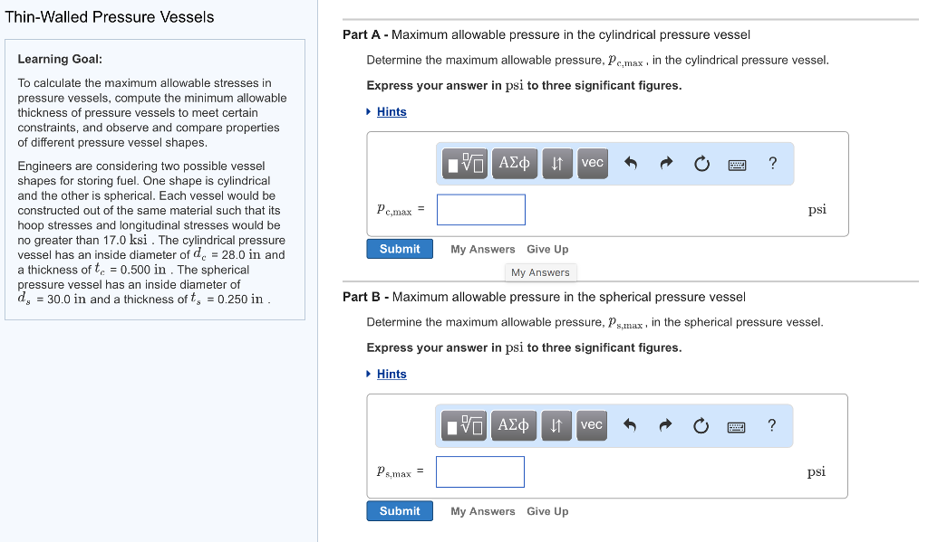 Solved Thin-Walled Pressure Vessels Part A - Maximum | Chegg.com