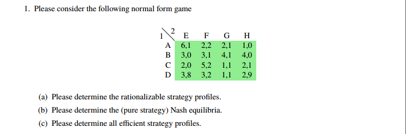 Solved Please consider the following normal form game | Chegg.com