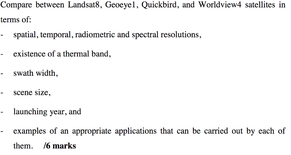 Solved Compare between Landsat8, Geoeyel, Quickbird, and | Chegg.com
