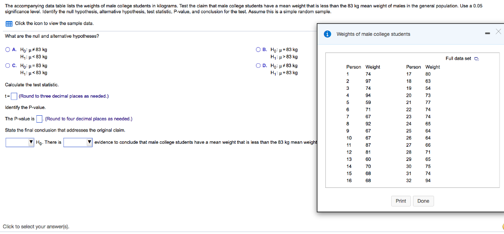 Solved The accompanying data table lists the weights of male | Chegg.com