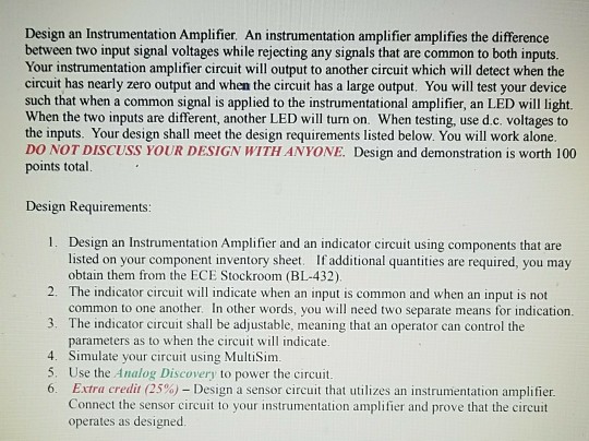 Solved Design an Instrumentation Amplifier. An | Chegg.com