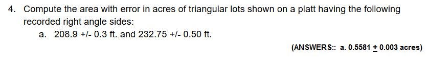 Solved Compute the area with error in acres of triangular | Chegg.com