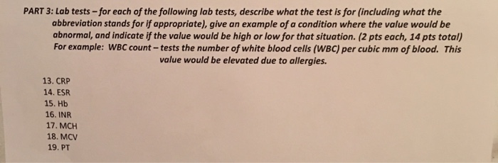Solved Lab tests -for each of the following lab tests, | Chegg.com