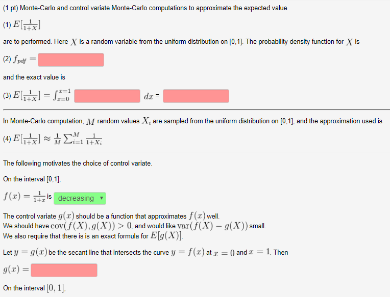(1 pt) Monte-Carlo and control variate Monte-Carlo | Chegg.com