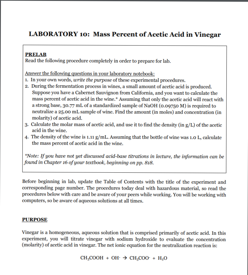 Solved LABORATORY 1o: Mass Percent of Acetic Acid in Vinegar | Chegg.com