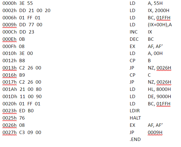 Solved 0000h 3E 55 0002h DD 21 00 20 0006h 01 FF 01 0009h DD | Chegg.com