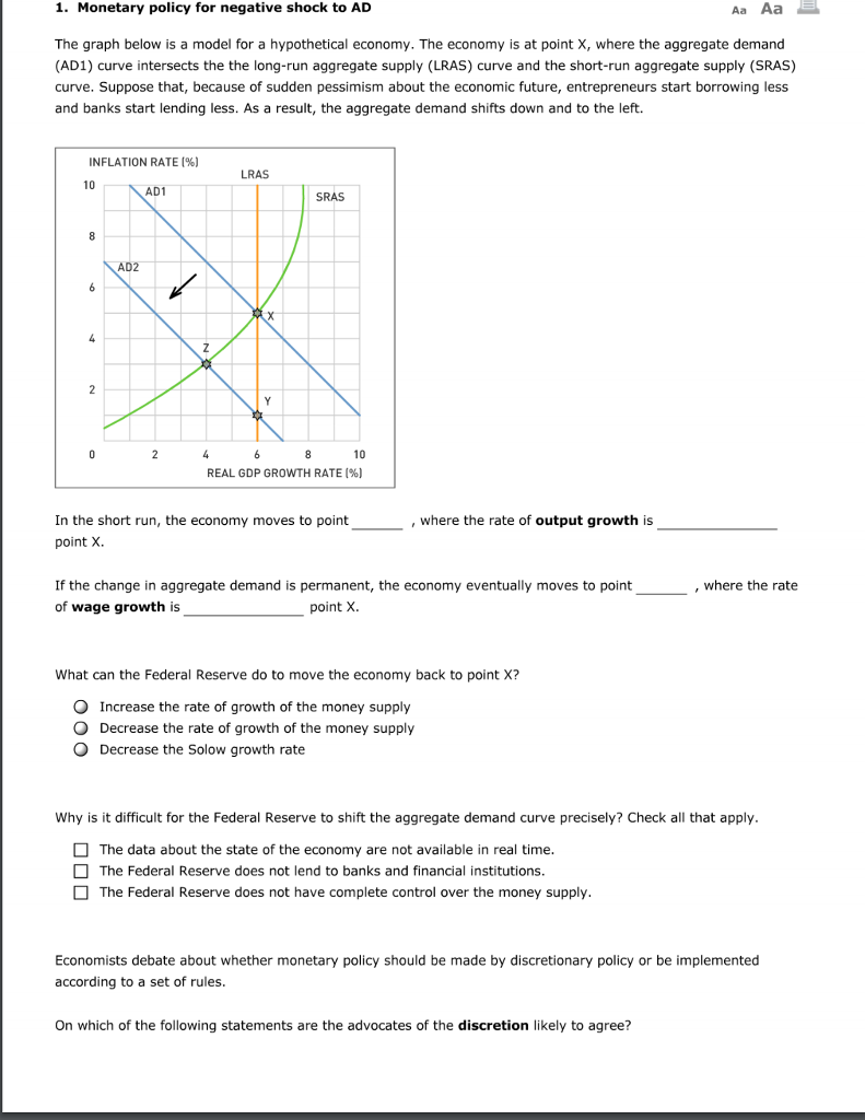 Solved 1. Monetary policy for negative shock to AD Aa Aa The | Chegg.com